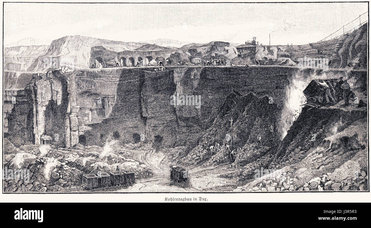 A historical depiction of coal mining (Kohlebergbau) in Dux (now ...
