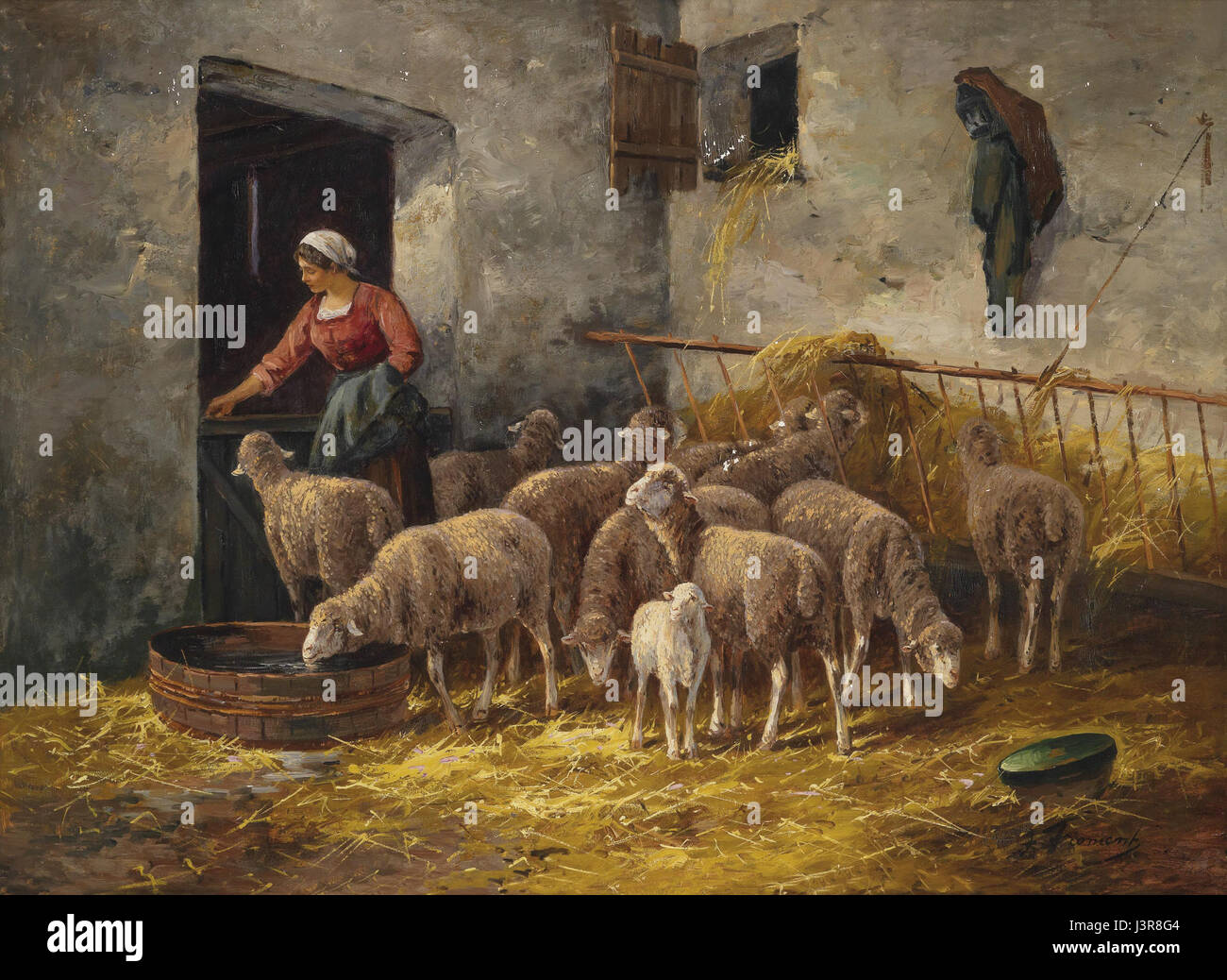 This painting, attributed to Jeanne Froment, titled 'Im Schafstall ...