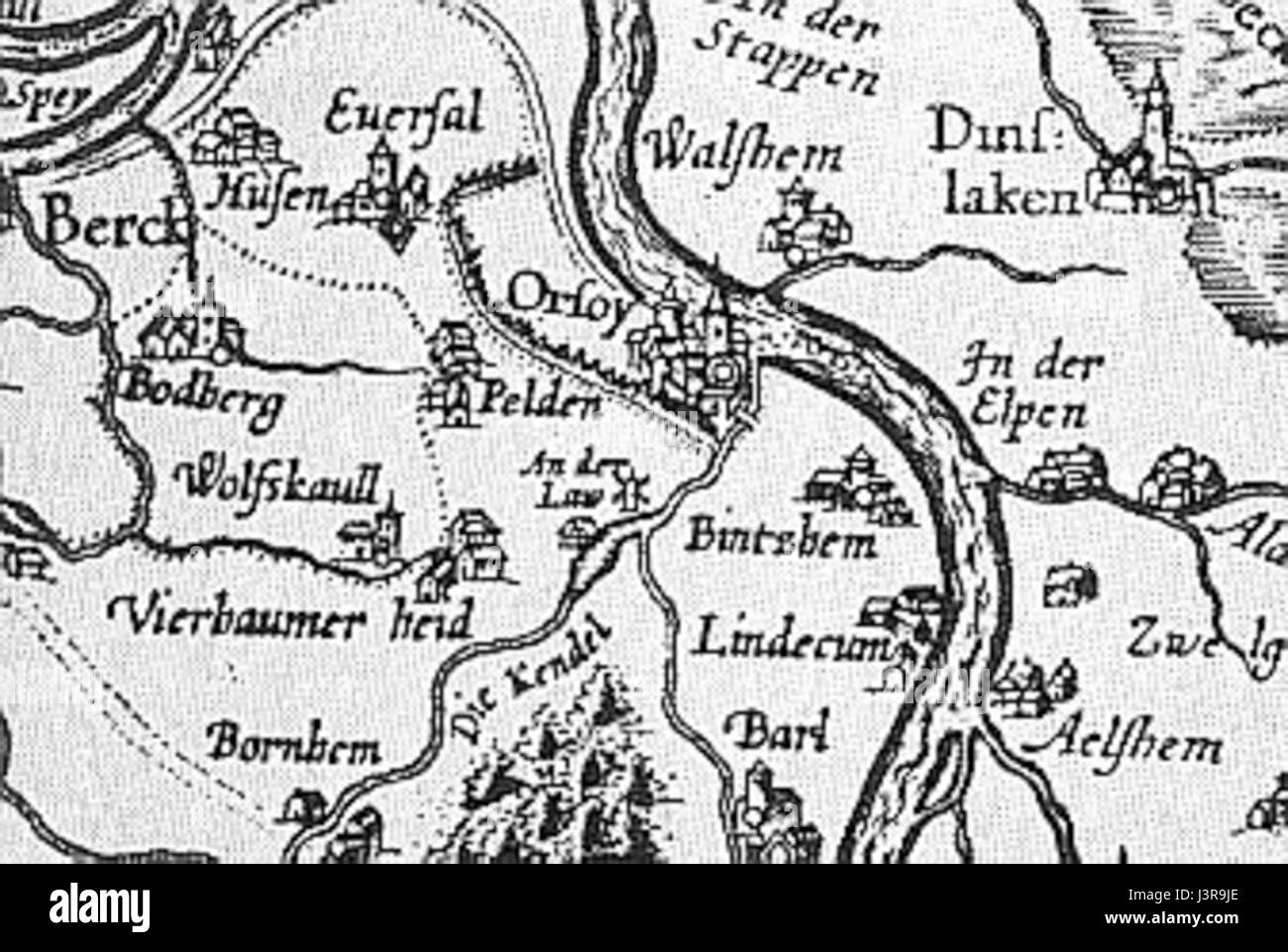 This map from around 1591 depicts geographical features and settlements ...