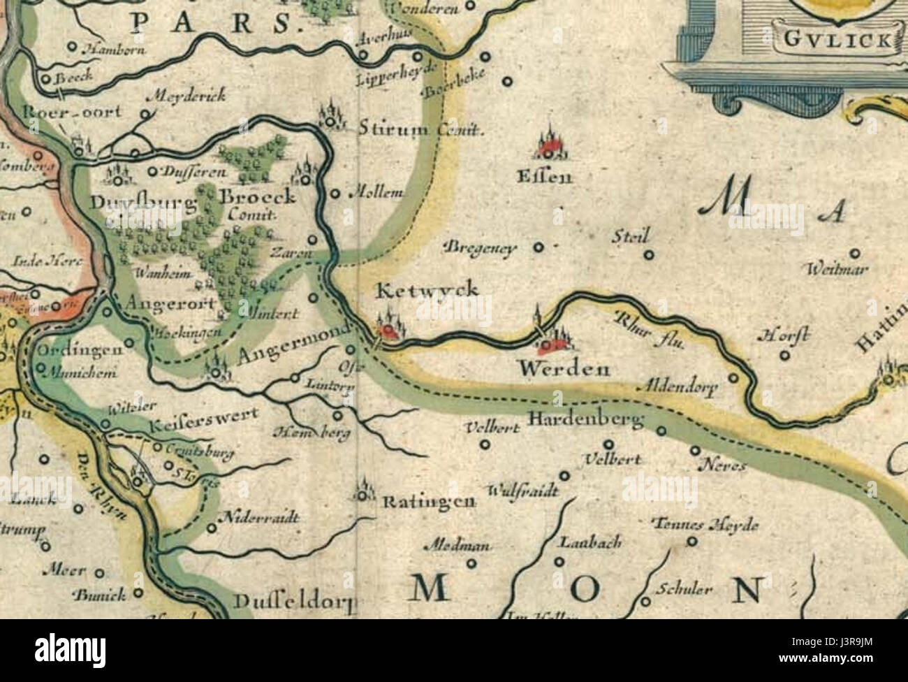 The 1640 map of Kettwig, produced by Blaeu, illustrates the town's ...
