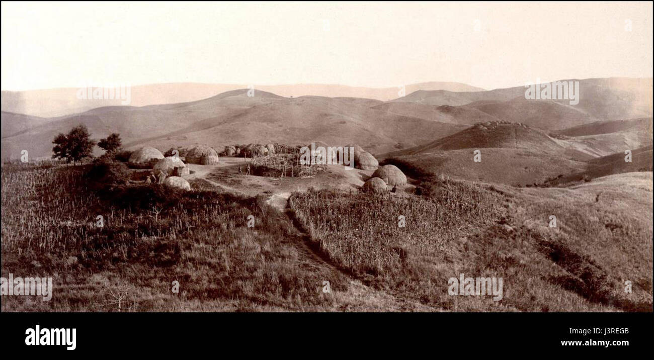 A historical photograph or depiction of a Kaffir kraal, a traditional ...