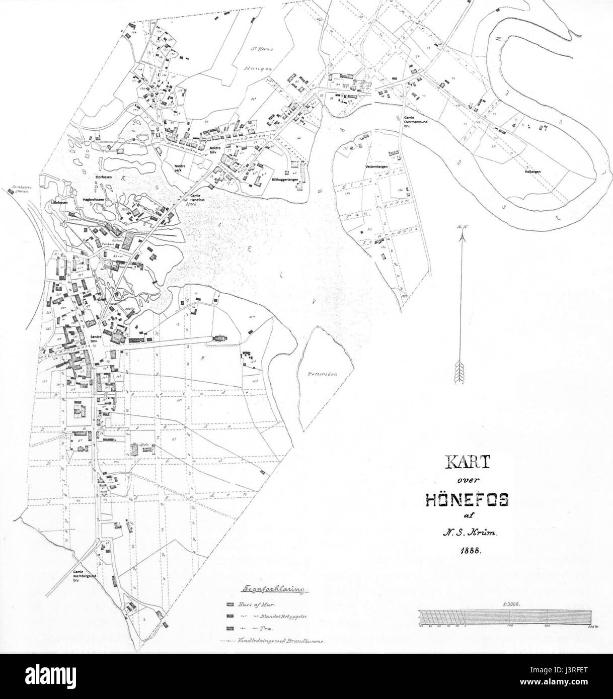 A map of Honefoss from the year 1888, showing the layout of the town ...
