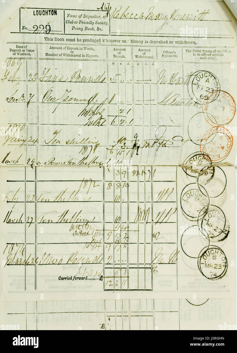 This image shows the inside of a Post Office Savings Bank deposit book ...