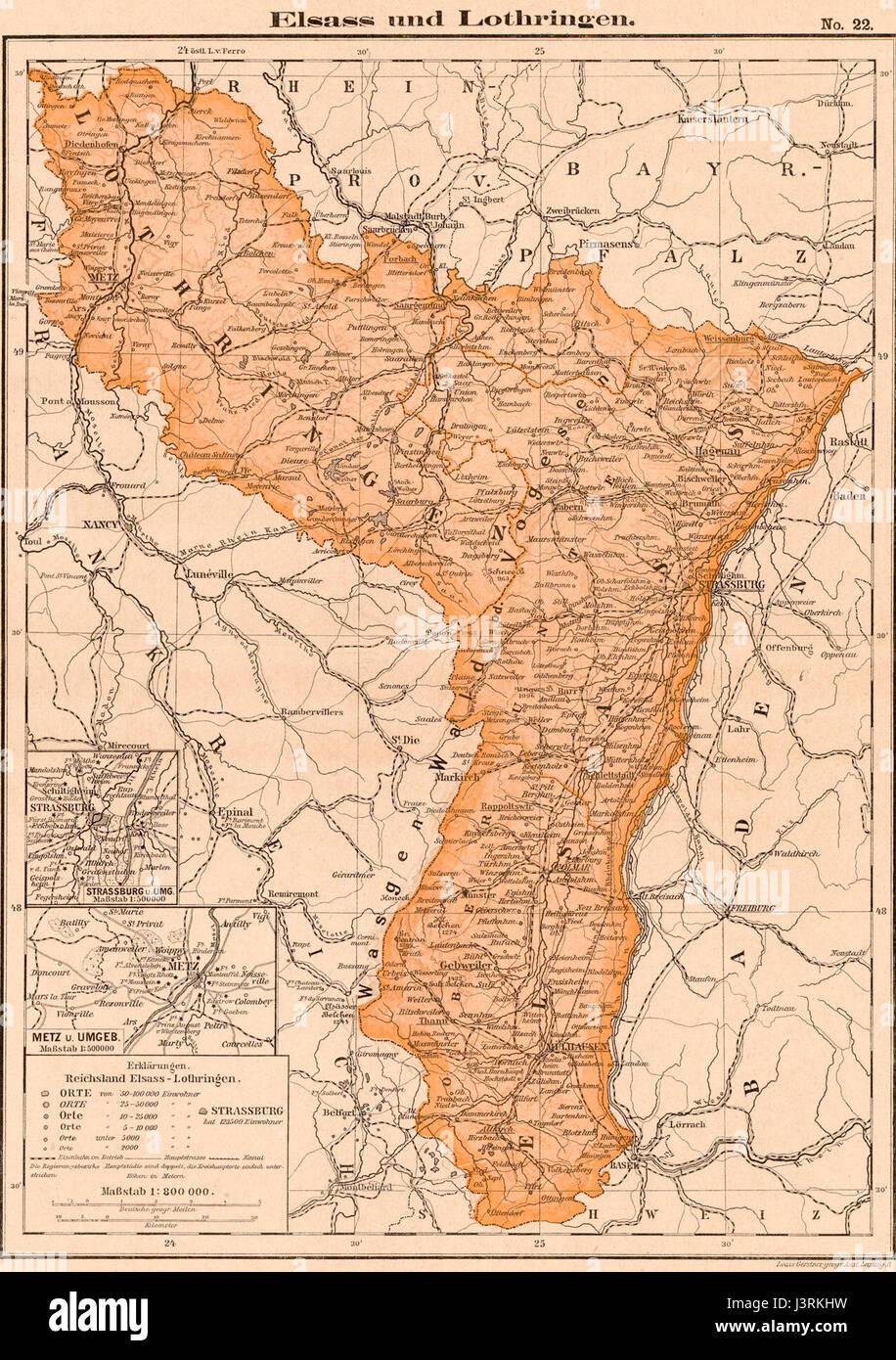 A 1905 map of the regions of Alsace and Lorraine, showing geographical ...