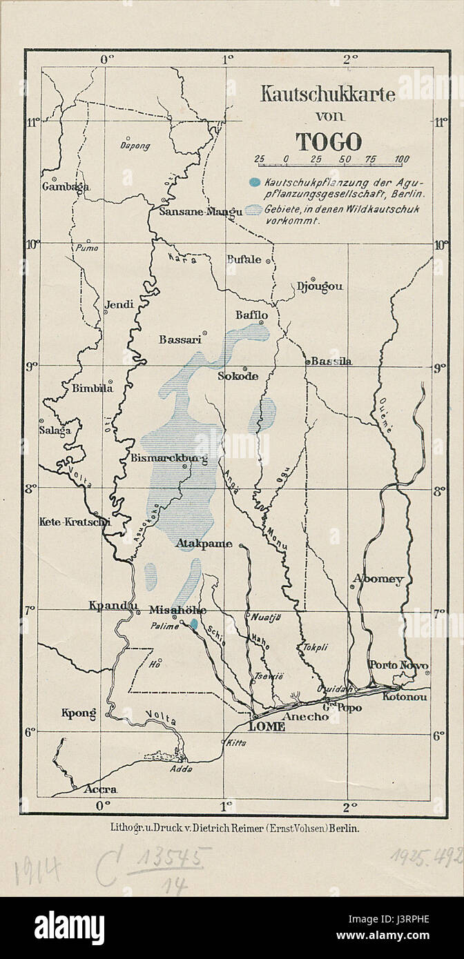 A historical rubber map of Togo, providing detailed geographic and ...