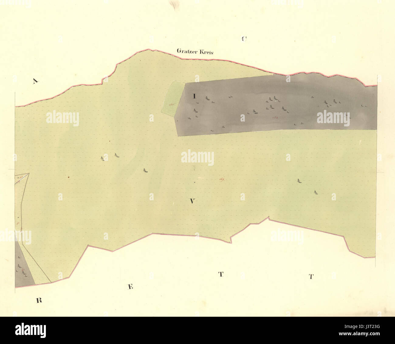 The image features a copy of a cadastral map (Kataster Mappenkopie) of ...
