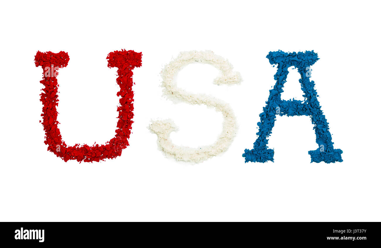 USA made in red, white and blue color powders, isolated on a white ...
