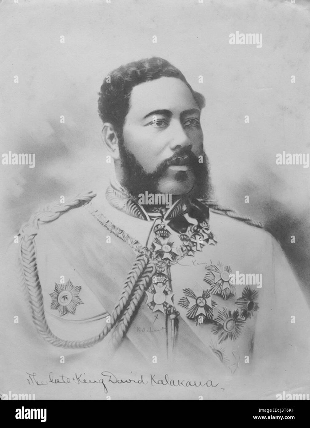 This image or artwork, titled 'Kalakaua in white', likely depicts King ...