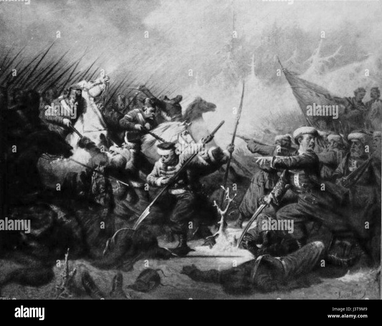 An illustration depicting a skirmish involving the Polish Zouaves of Death during the January ...