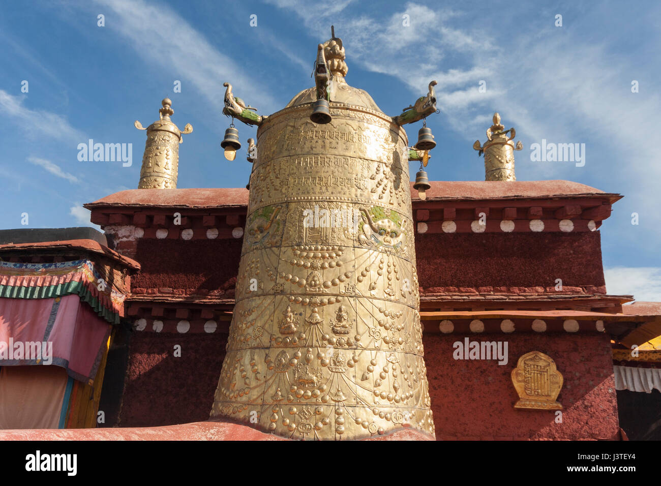 Dhvaja the Victory Banner in golden metalic form on the roof of Jokhang ...