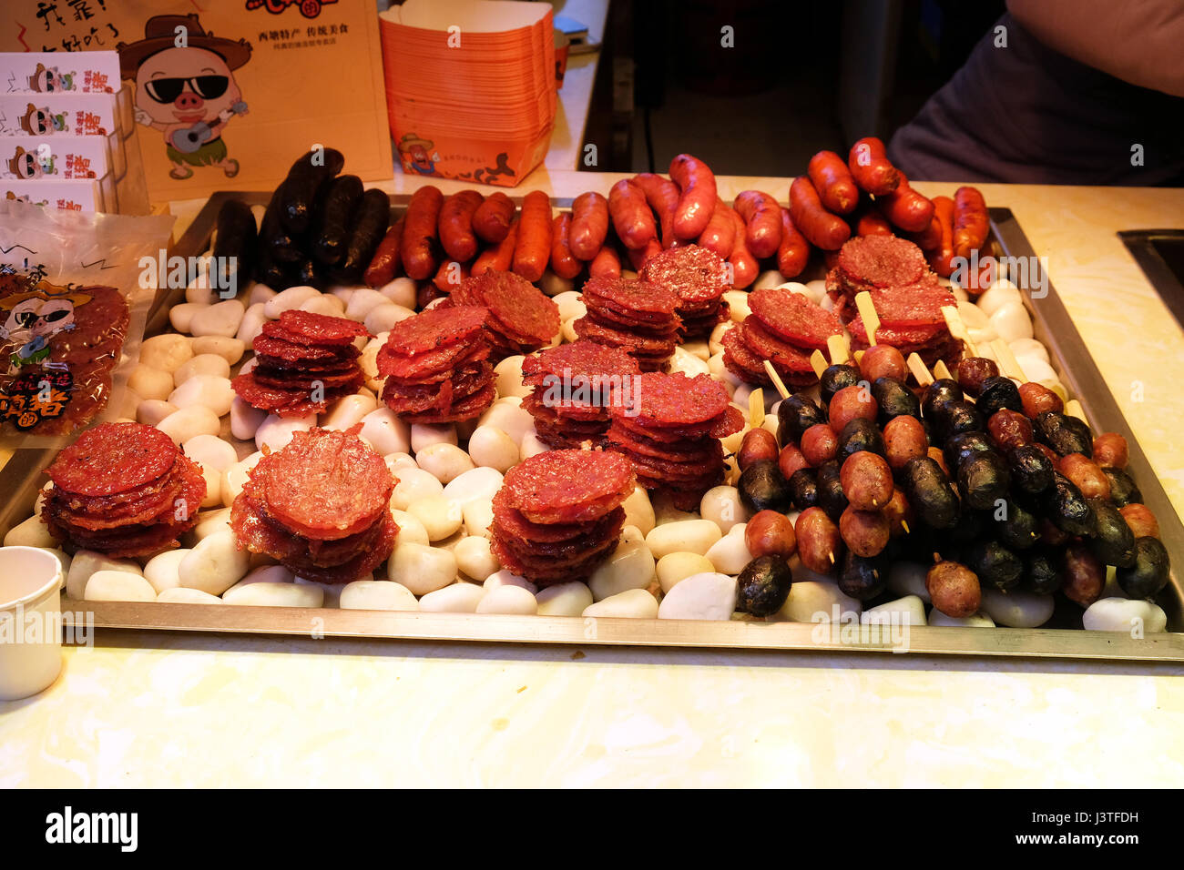 Chinese exotic food in street food market in water village Xitang ...