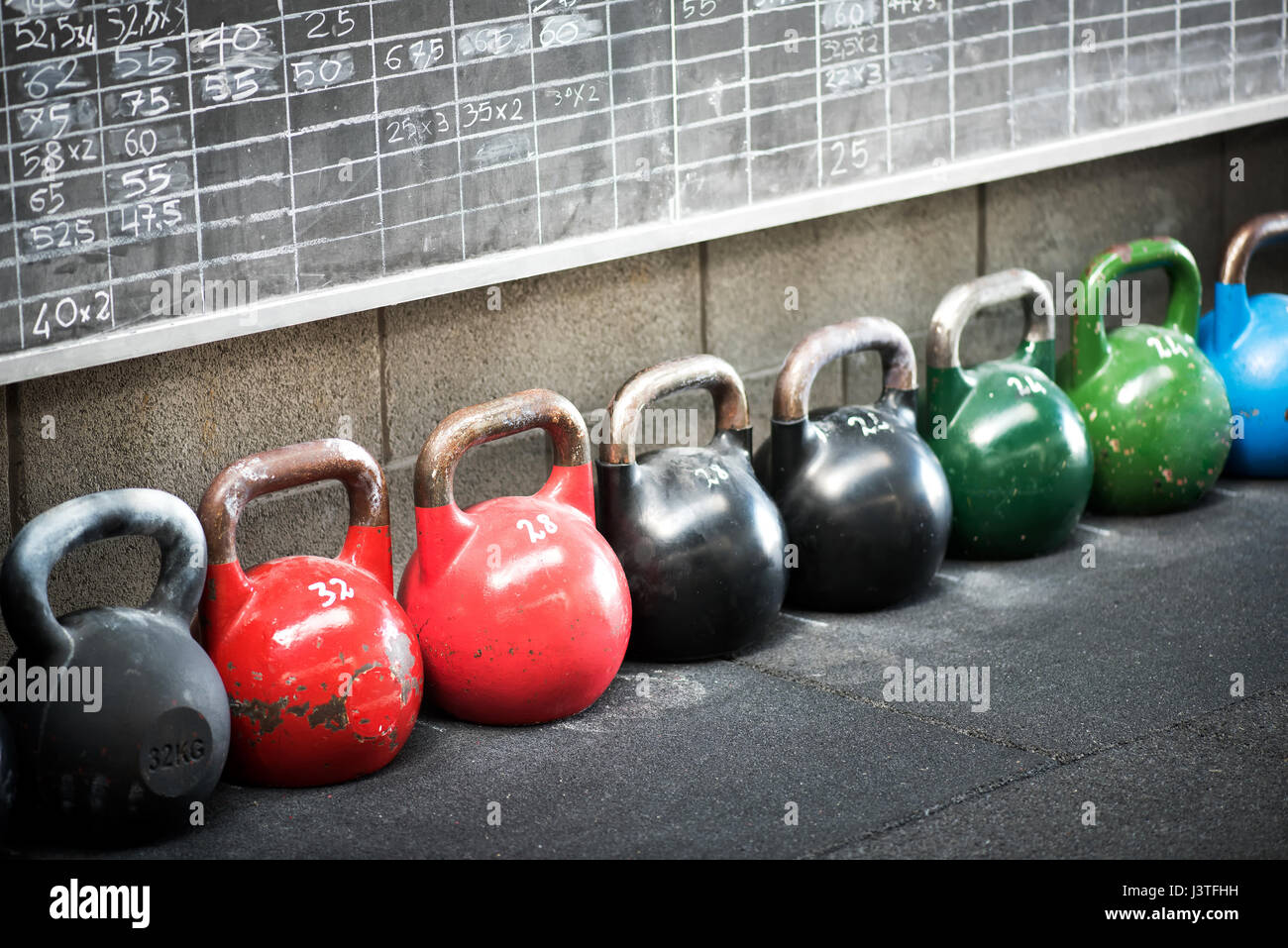 Row of colorful kettlebell weights for weightlifting and bodybuilding ...