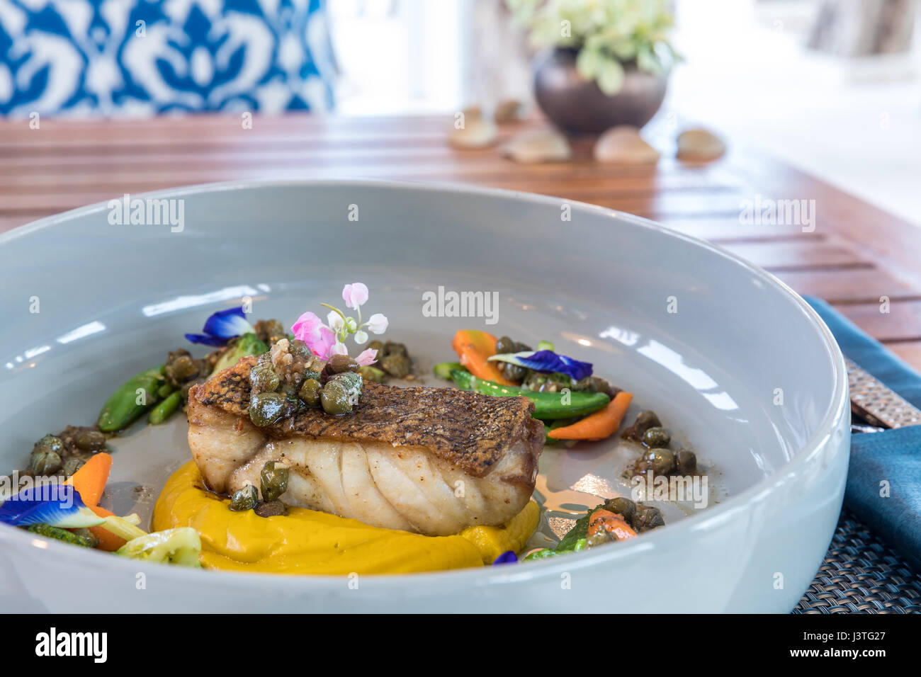 grilled grouper fillet steak with sweet Mashed potato Stock Photo - Alamy