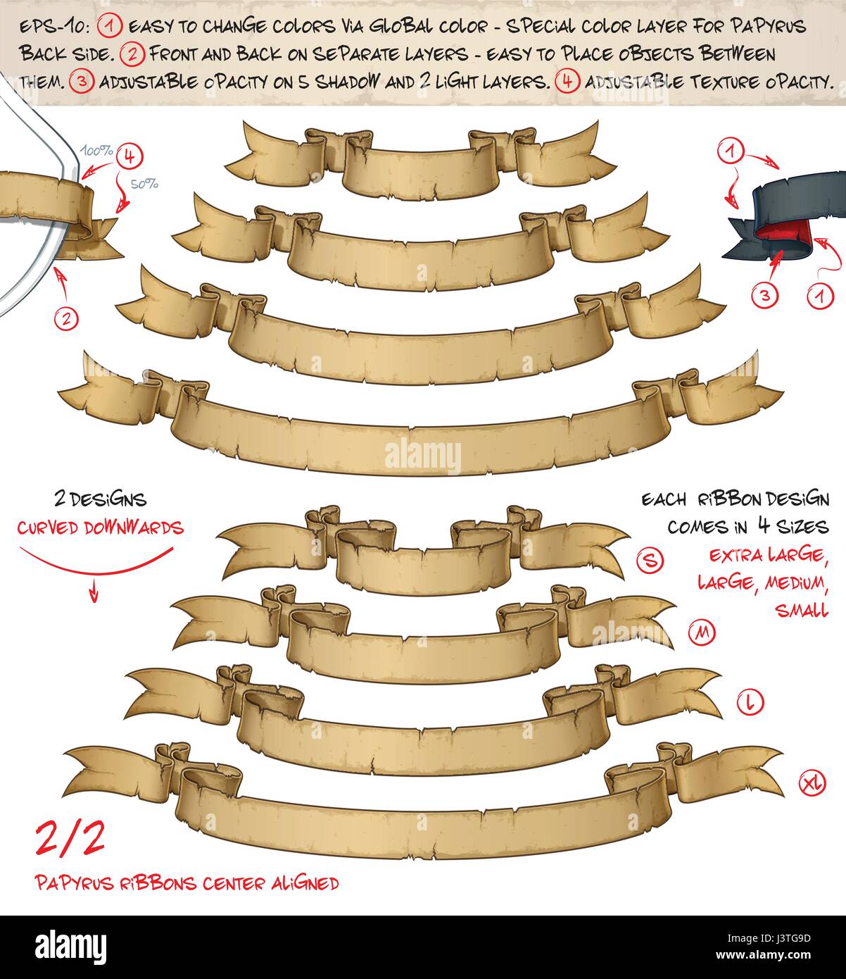 Vector illustration of age old papyrus or parchment ribbons. Set of two ...