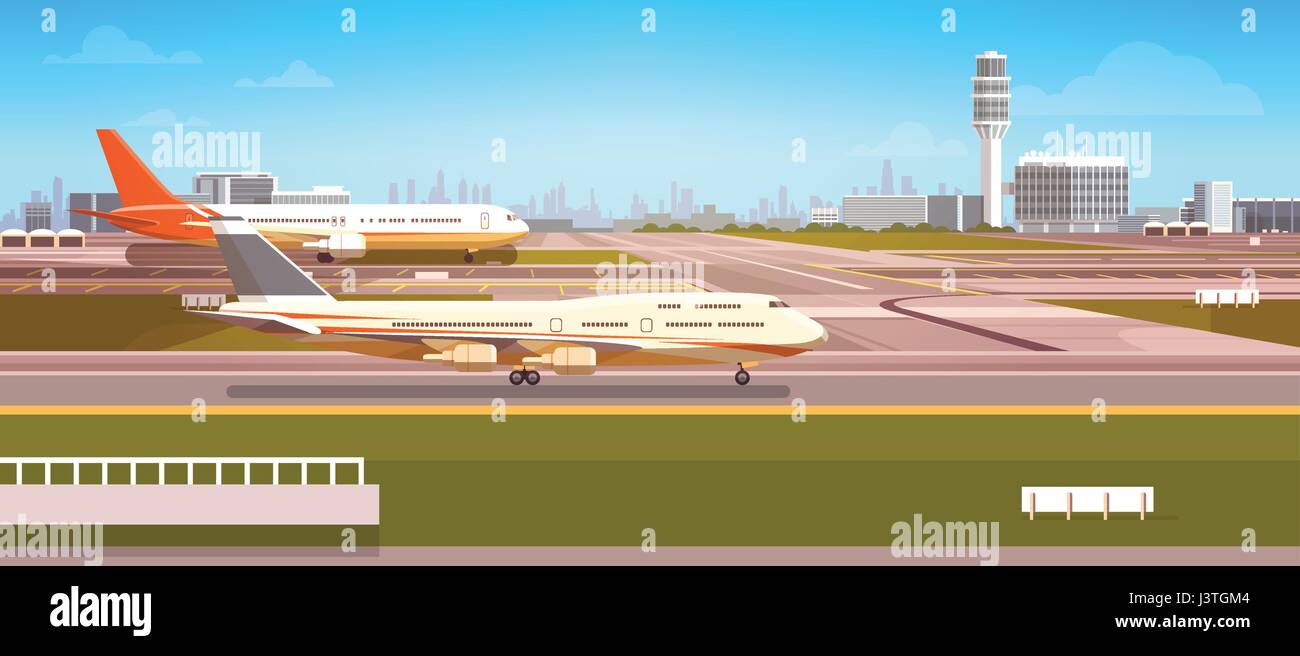 Airport Terminal With Aircraft Flying Plane Taking Off Stock Vector ...
