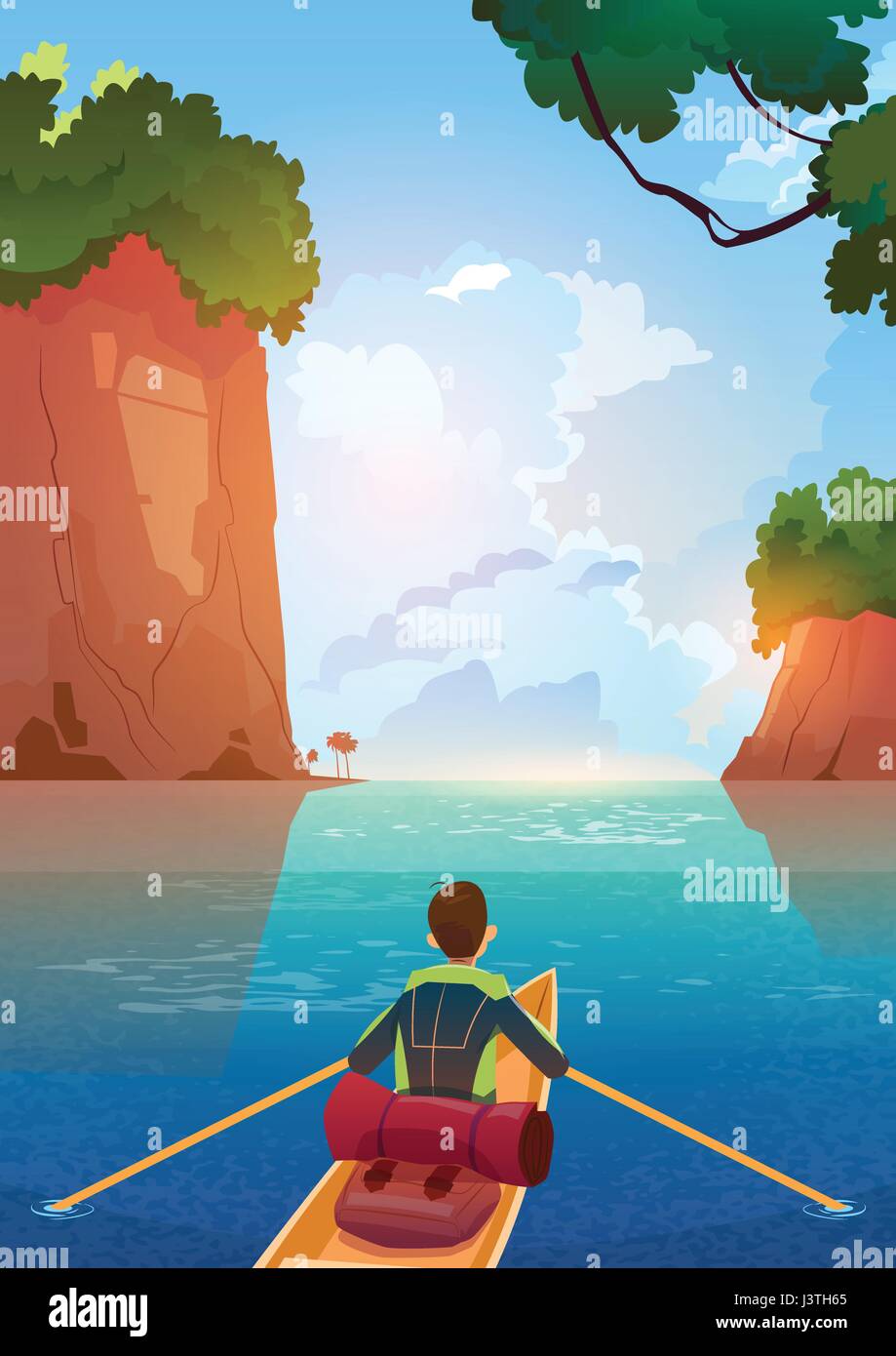 Man Floating In Boat In Mountains Lake Summer Adventure Vacation ...