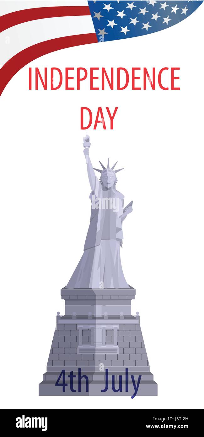 Statue of liberty on white background with america flag and inscription ...