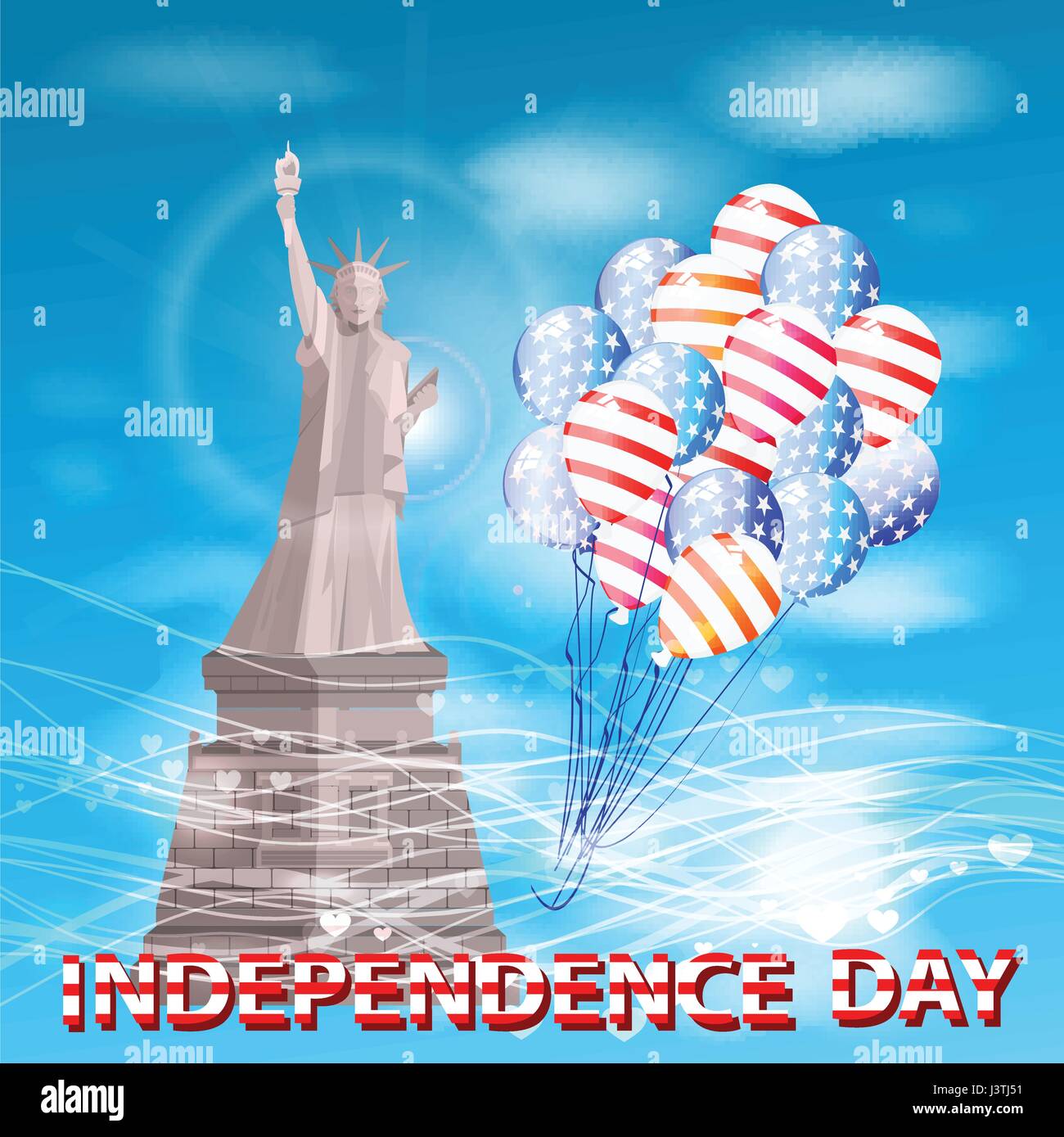 Statue of liberty against the blue sky and airshares fly up ...