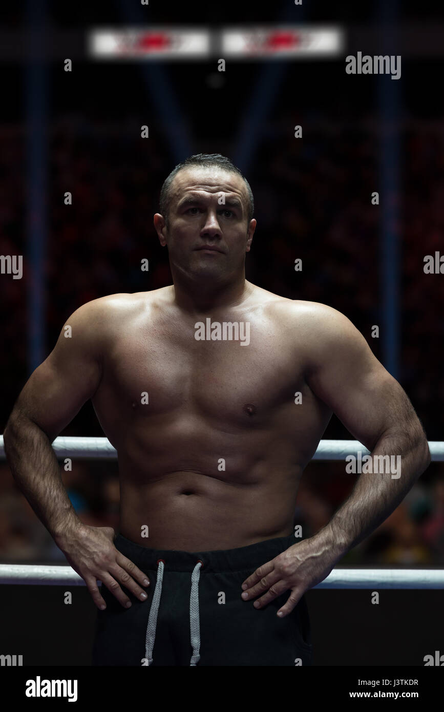 professional kickboxer with hands in martial arts position training for ...