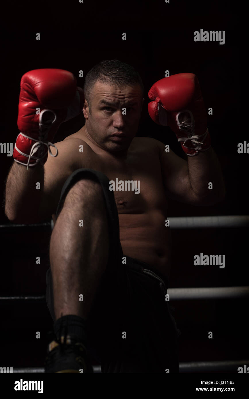 professional kickboxer with hands in martial arts position training for ...