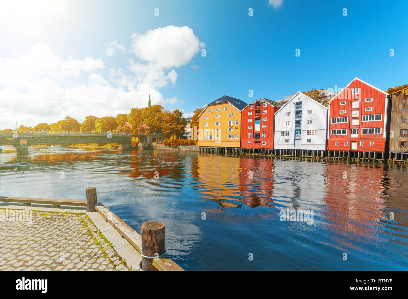 View from Nidelva river on three main landmarks Trondheim, Norway Stock ...