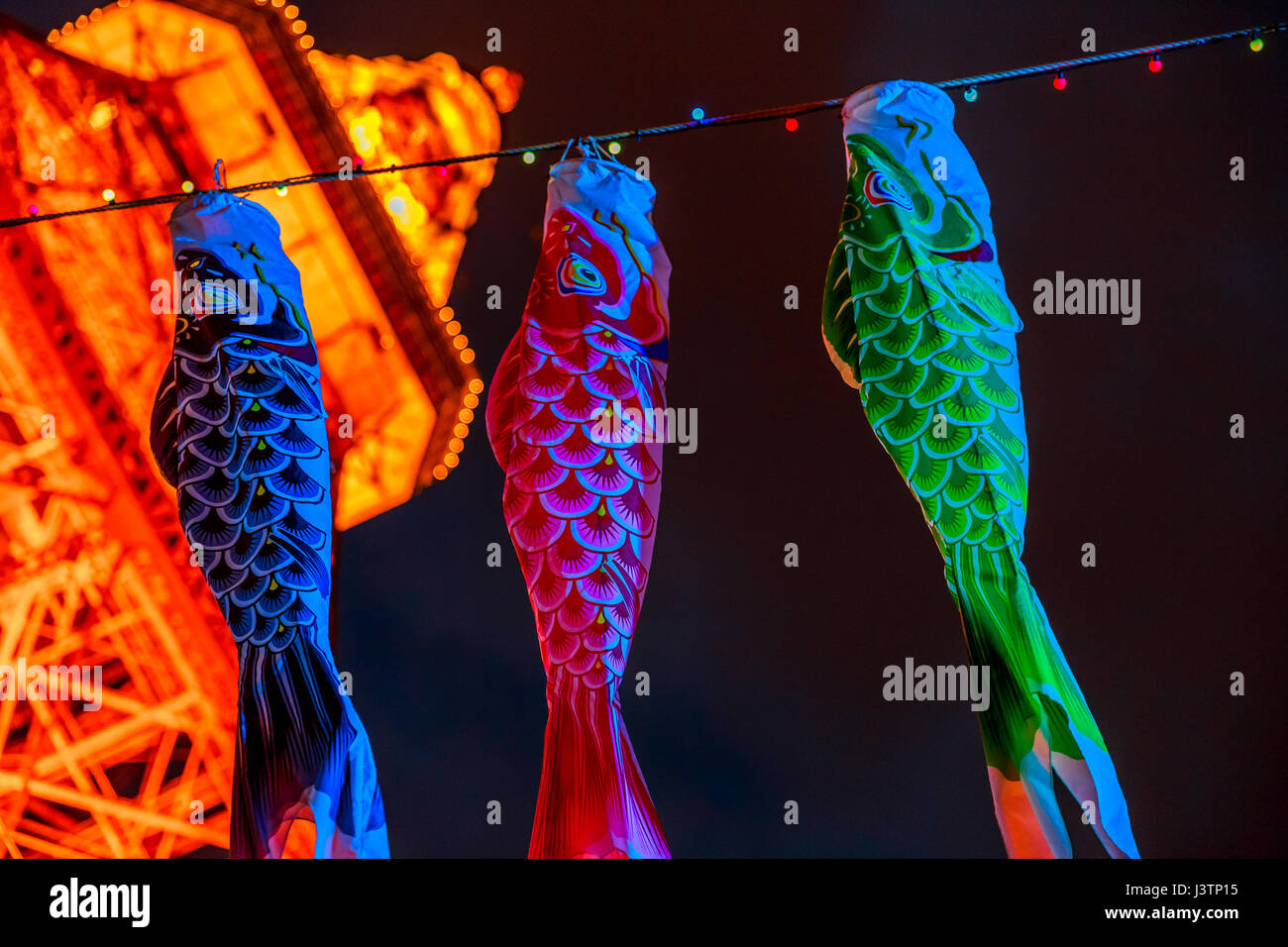 Tokyo, Japan - April 23, 2017: closeup of Koinobori a carp-shaped wind ...