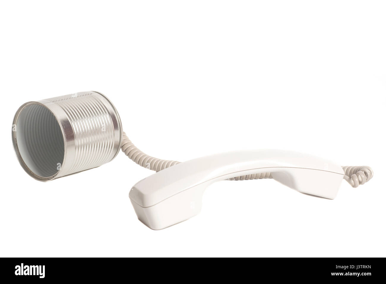 Tin can phone with handset isolated on white background Stock Photo - Alamy