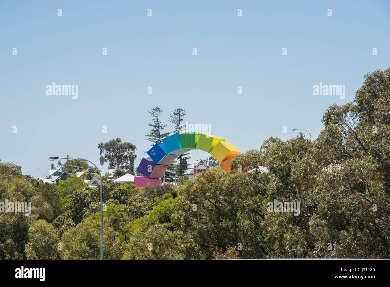 Low angle view of the rainbow sea container sculpture by Marcus Canning ...