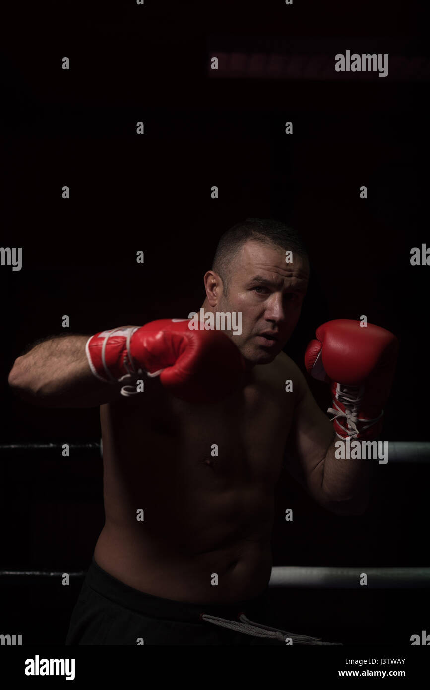 professional kickboxer with hands in martial arts position training for ...