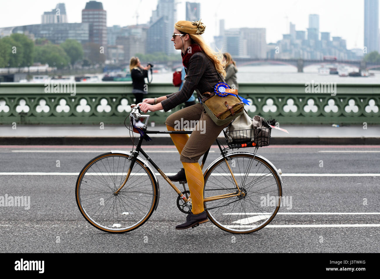 Tweed Run Girl Cyclist Participant In London Crossing Westminster