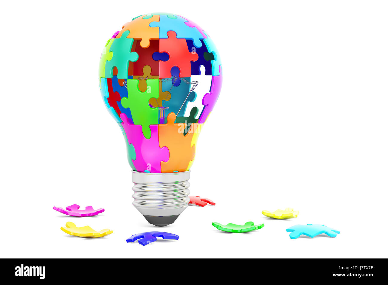 Light bulb from puzzle pieces, idea and solution concept. 3D rendering ...