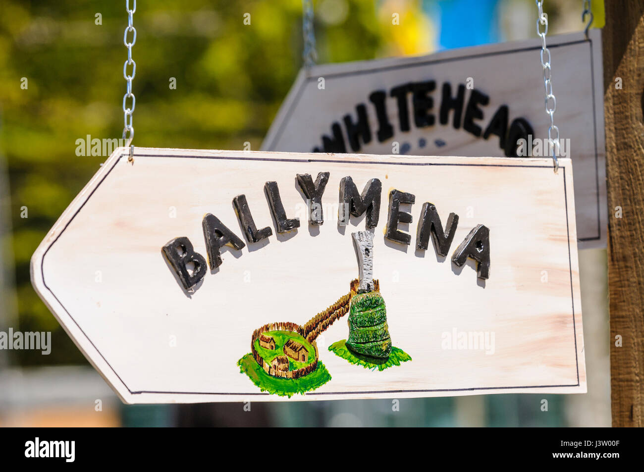 Handmade garden Direction sign to Ballymena, Northern Ireland Stock ...
