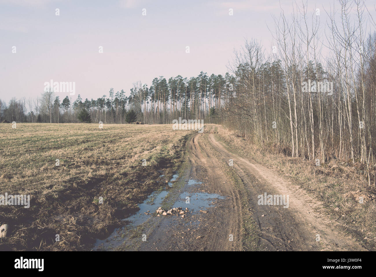 empty country road in spring with perspective and shadows - retro ...