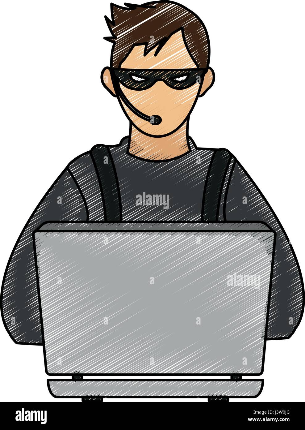 color pencil image cartoon hacker sitting at the desktop Stock Vector ...