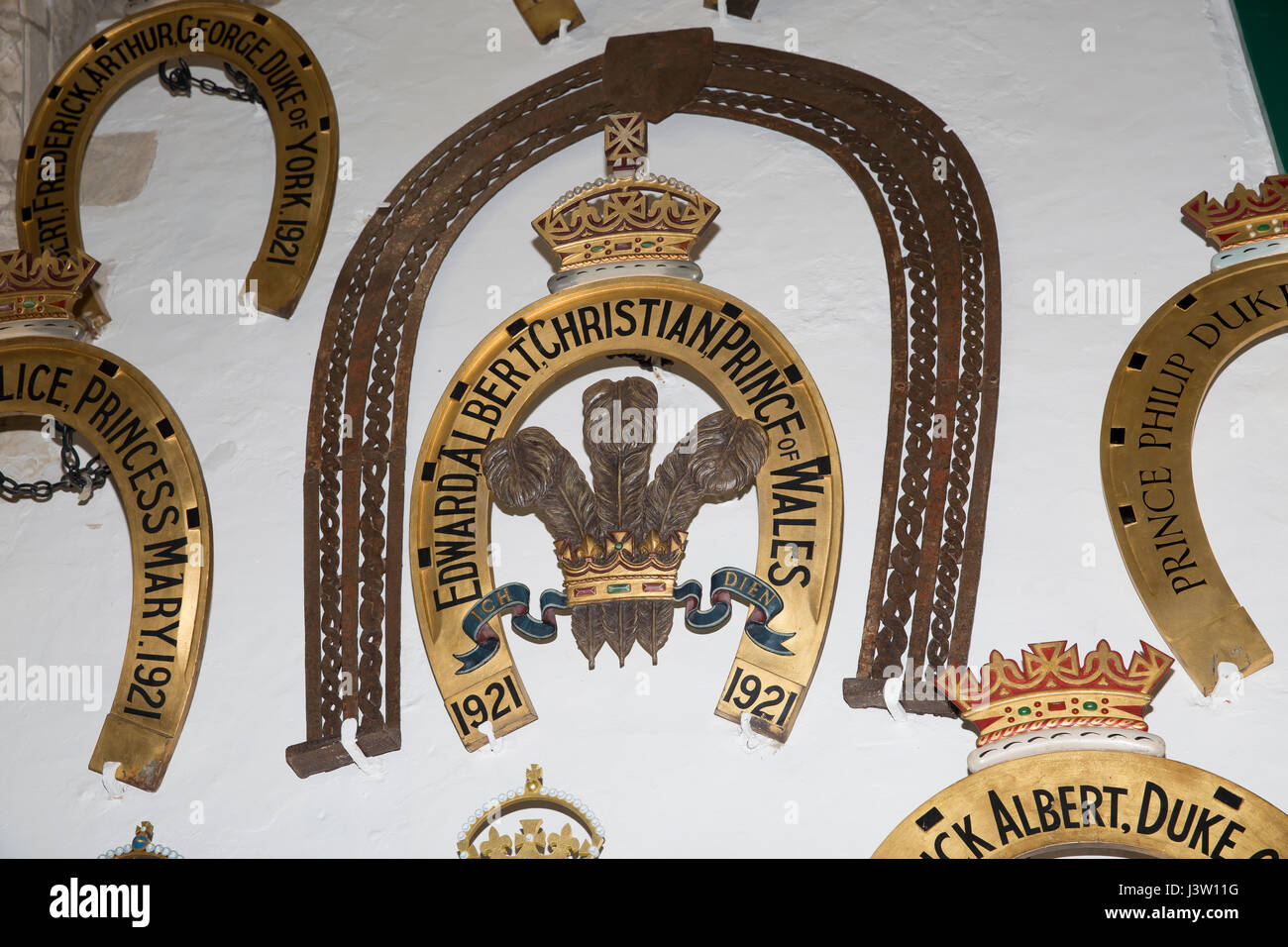 Horseshoes on the interior walls of Oakham Castle in Rutland which is ...