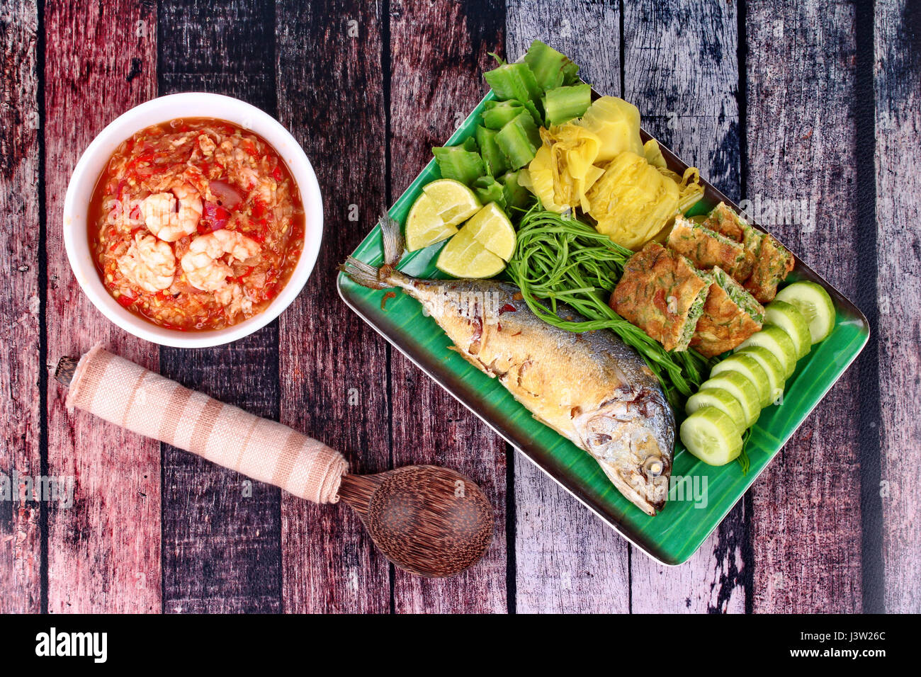 Fresh shrimp chili dip as Nam Prik Kung Sod in Thai and dish of deep ...