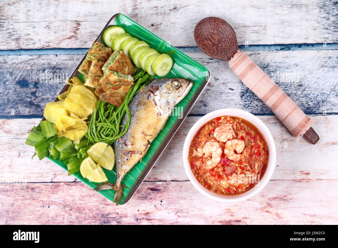 Fresh shrimp chili dip as Nam Prik Kung Sod in Thai and dish of deep ...