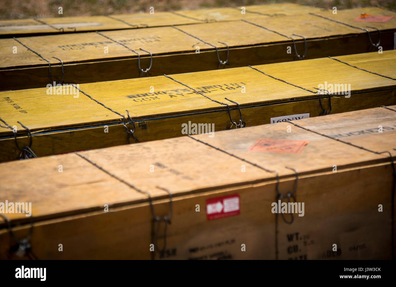 Crates of rockets wait to be opened during some Stinger missile testing ...