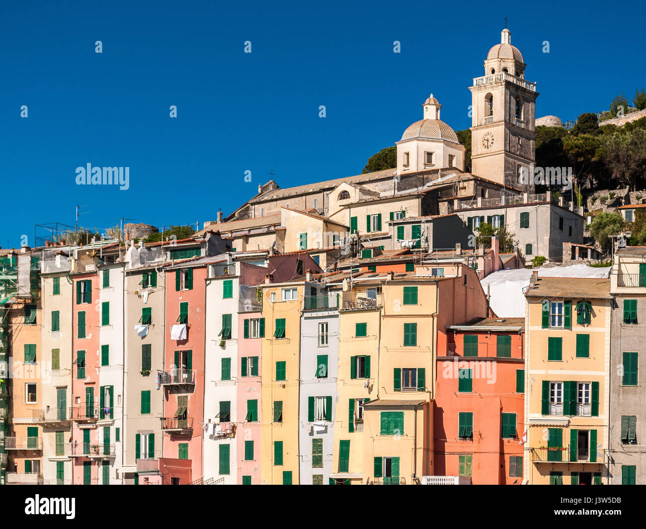 Typical colored houses in the seafront of Portovenere, small village in ...
