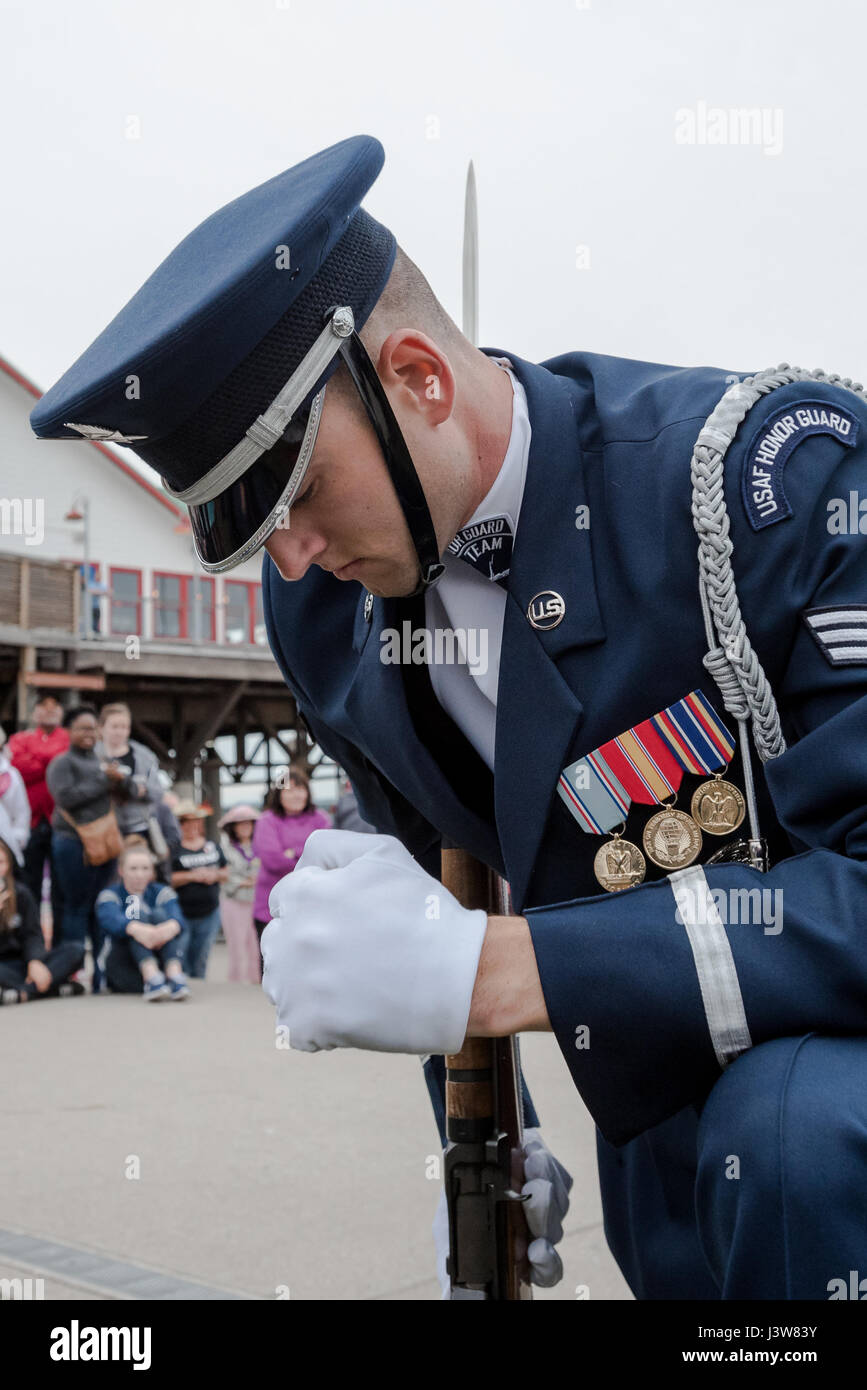 A member of the U.S. Air Force Honor Guard executes a precision rifle ...