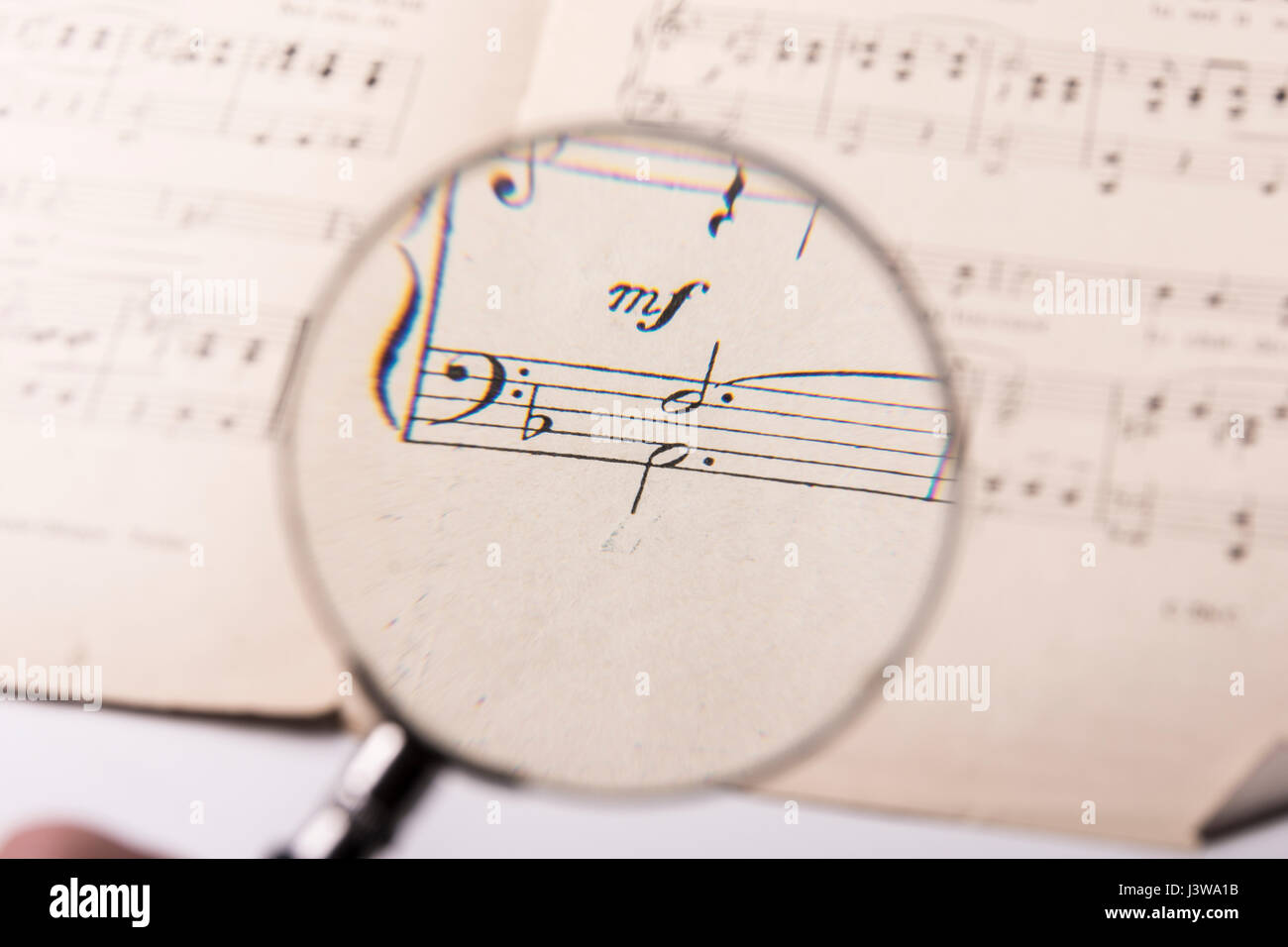 a view of the notes in a music score with a magnifier glass Stock Photo ...