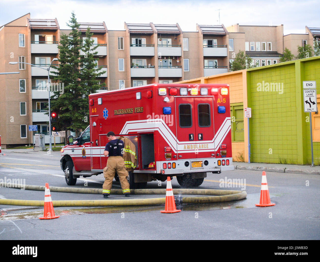 August 6, 2008 Urban emergency services , fire truck on city street ...