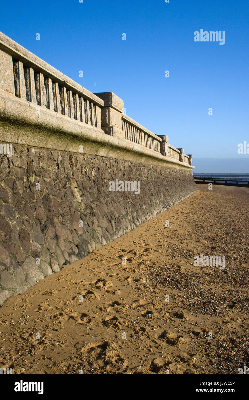 Promenade wall at Southend-on-Sea, Essex, England against a blue sky ...