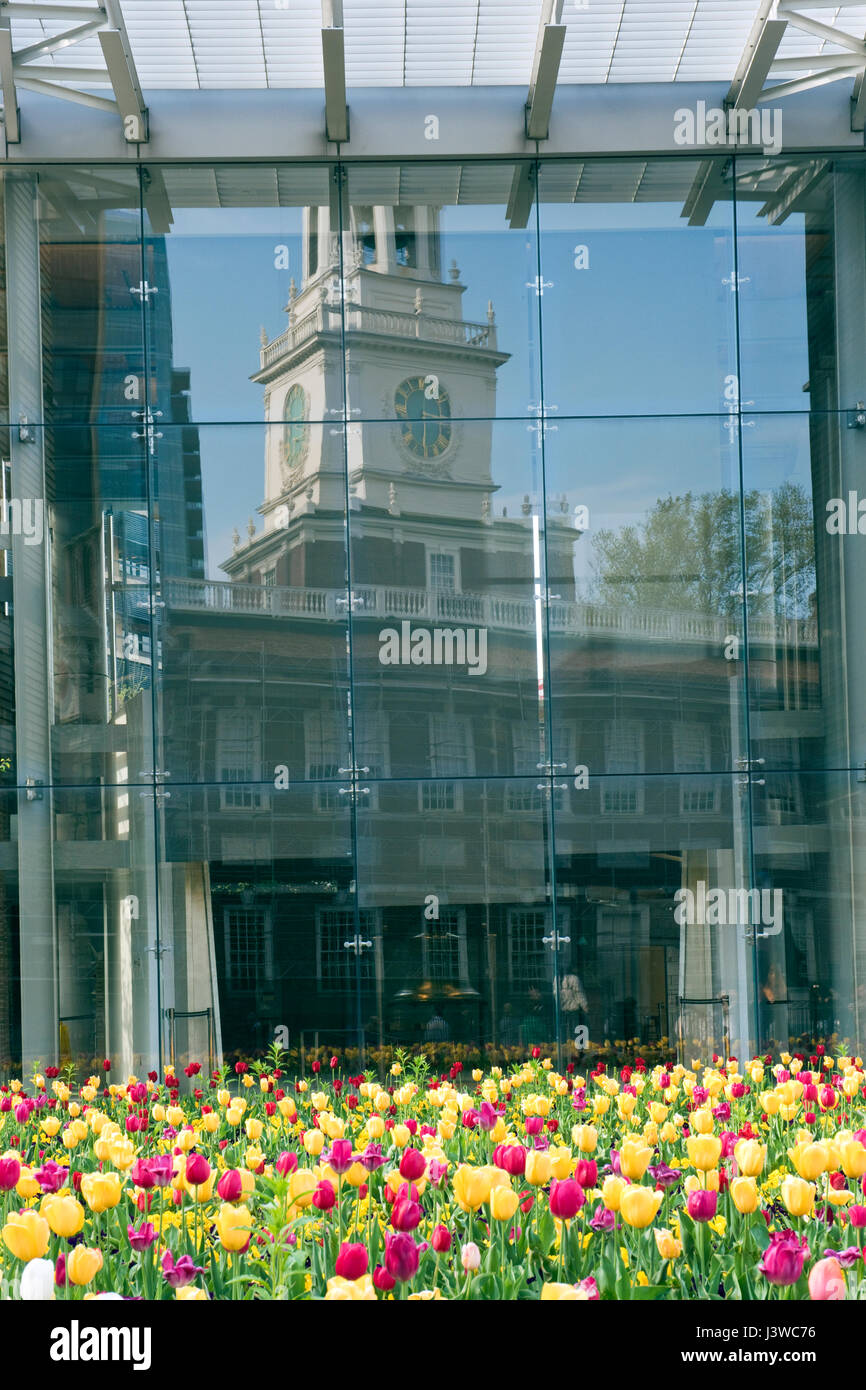 Independence Hall reflected in the windows of the Liberty Bell Center ...