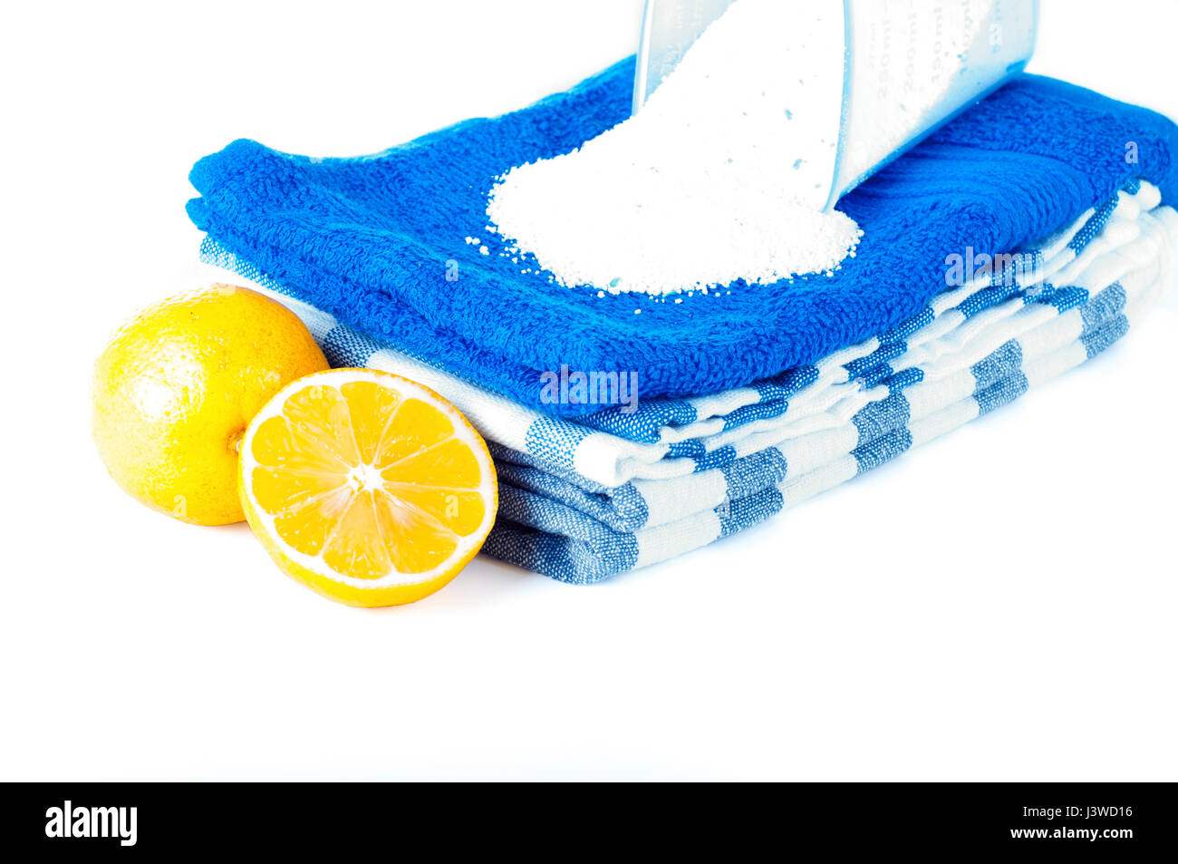 Laundry blue towels and washing powder Stock Photo - Alamy