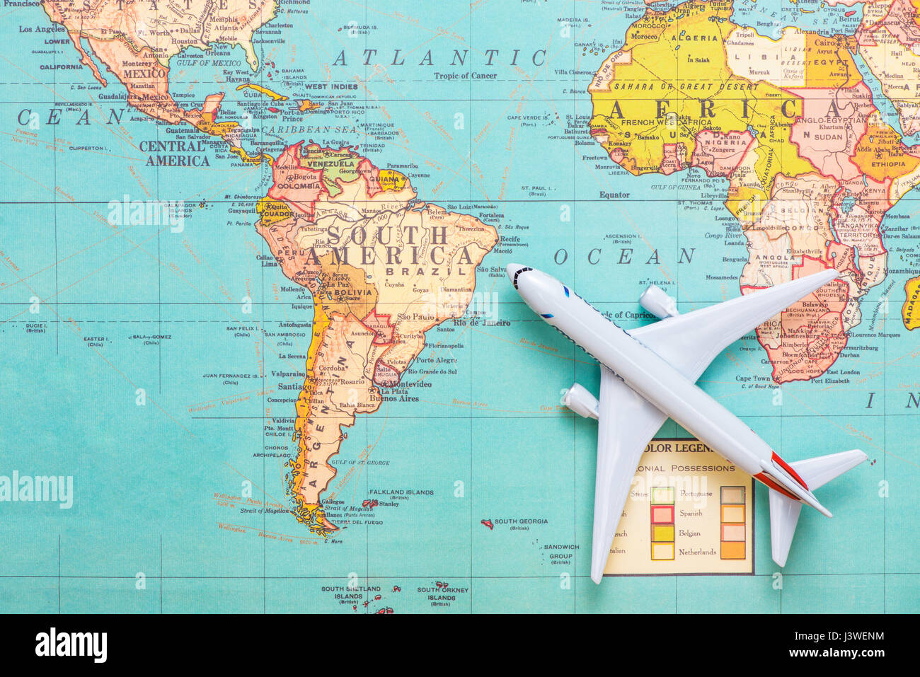 Travel. Trip. Vacation - Top view airplane with touristic map Stock ...