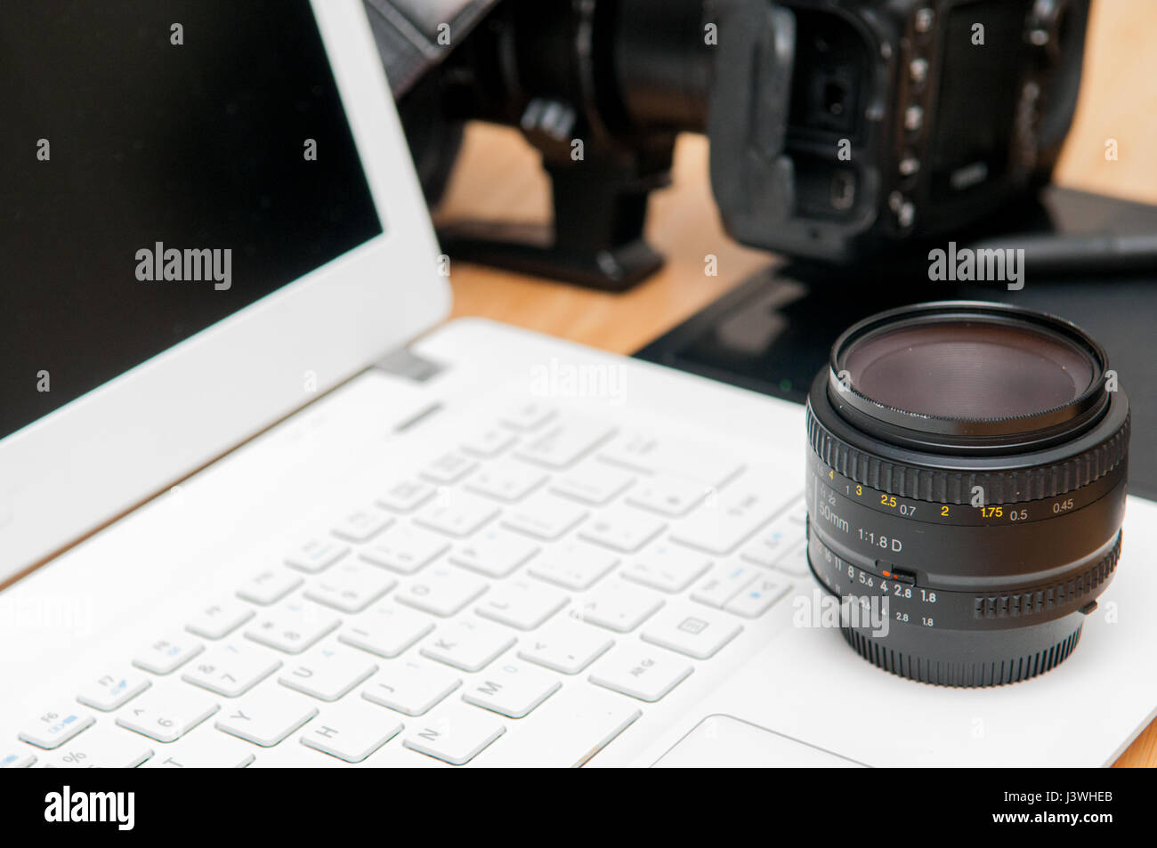 Professional photography editing equipment with camera and laptop Stock ...