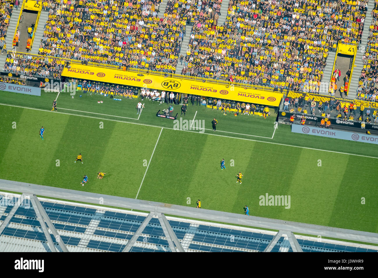 East stand with coach bank, view from airplane to BVB stadium, BVB ...