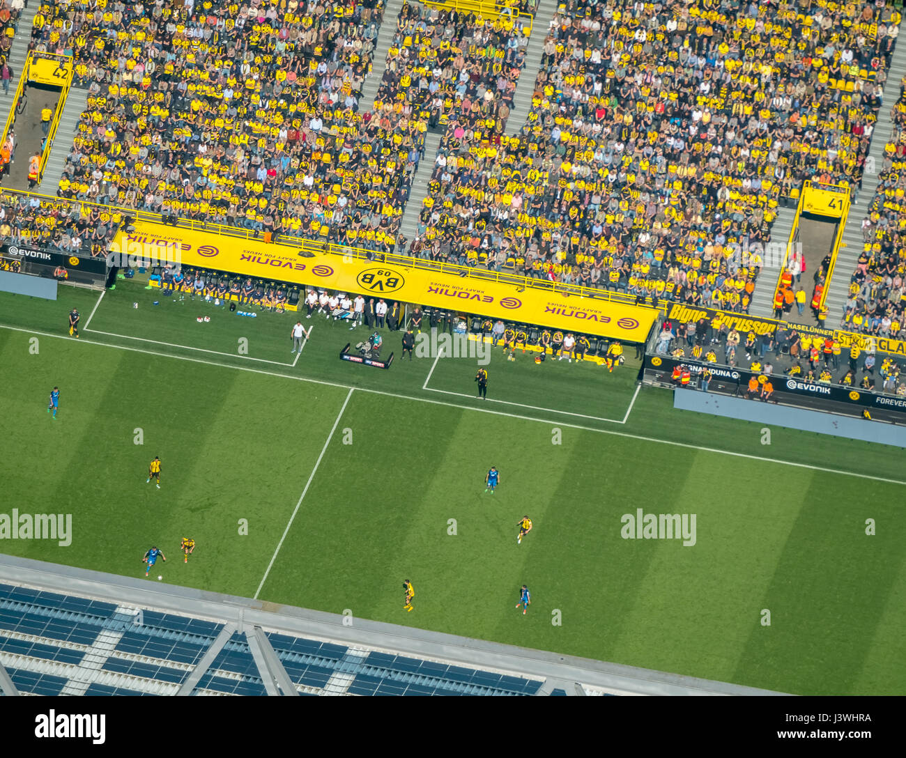 East stand with coach bank, view from airplane to BVB stadium, BVB ...