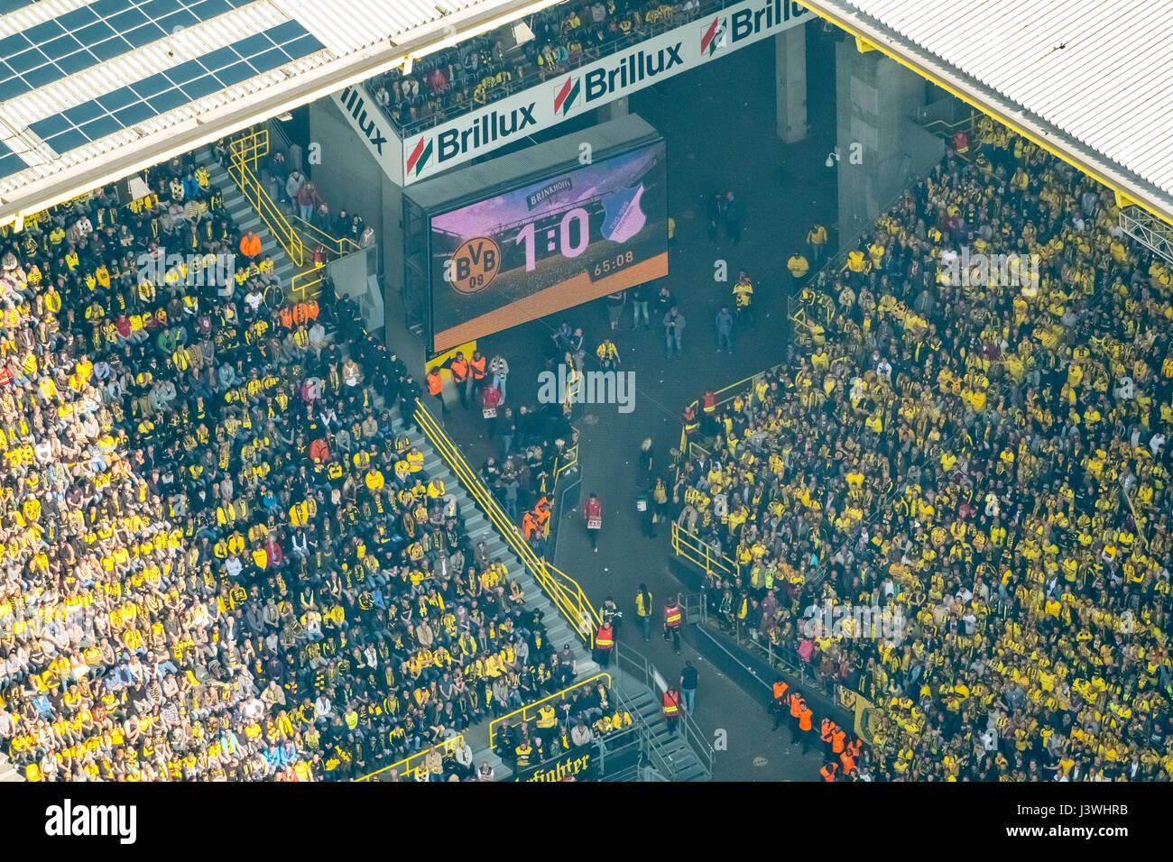 East stand with coach bank, view from airplane to BVB stadium, BVB ...